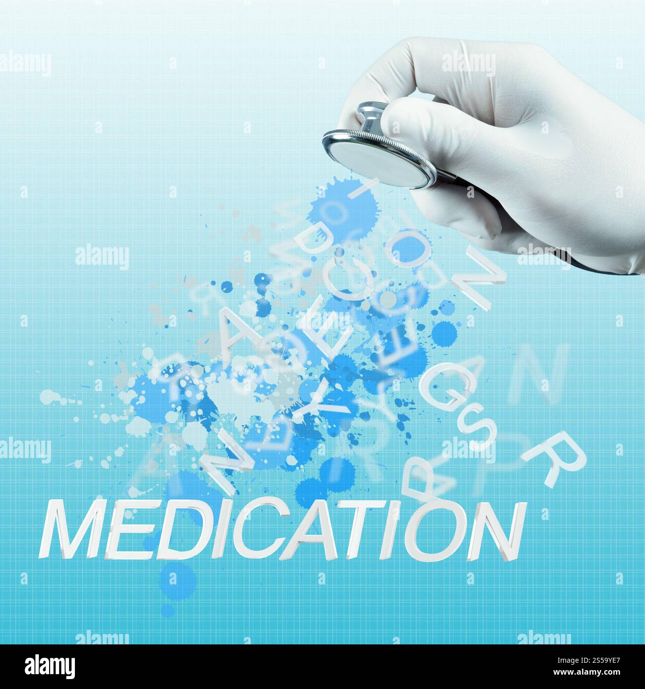 Stethoscope in hand with medication word and splash colors as medical ...