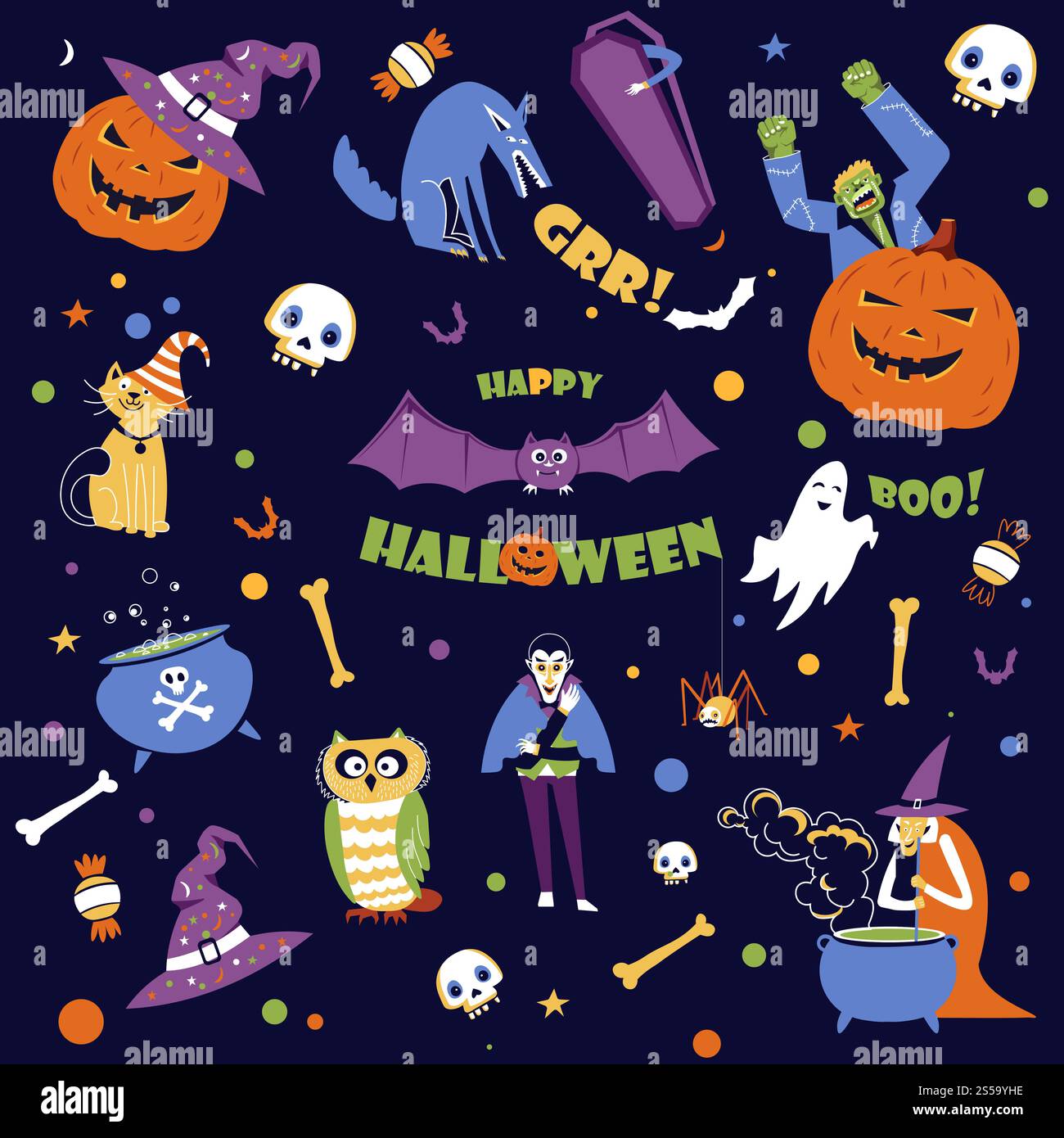 Halloween holiday, seasonal event of autumn fall symbols vector. Coffin ...