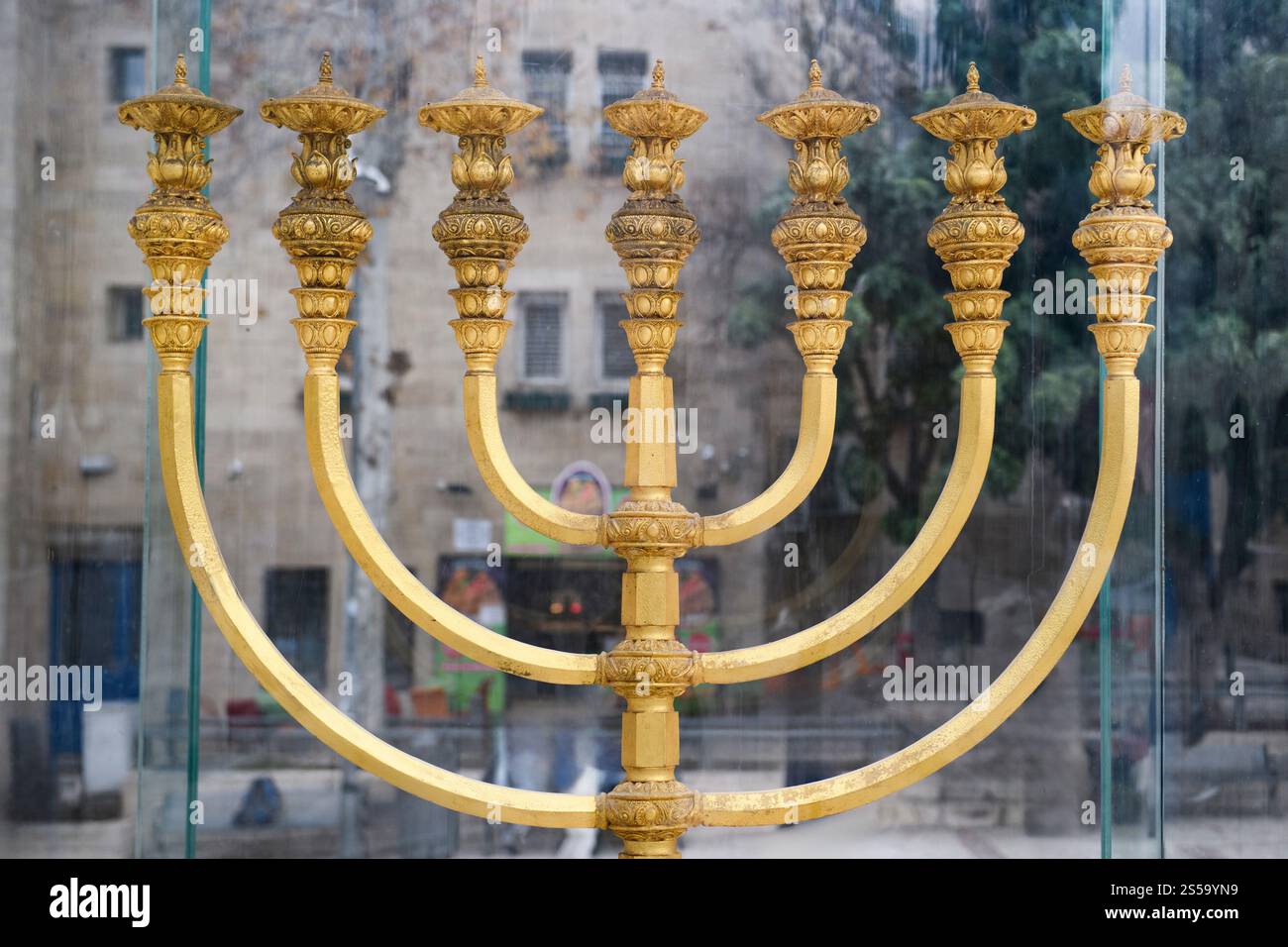 A replica of the golden Temple menorah, a seven-branched candelabrum ...