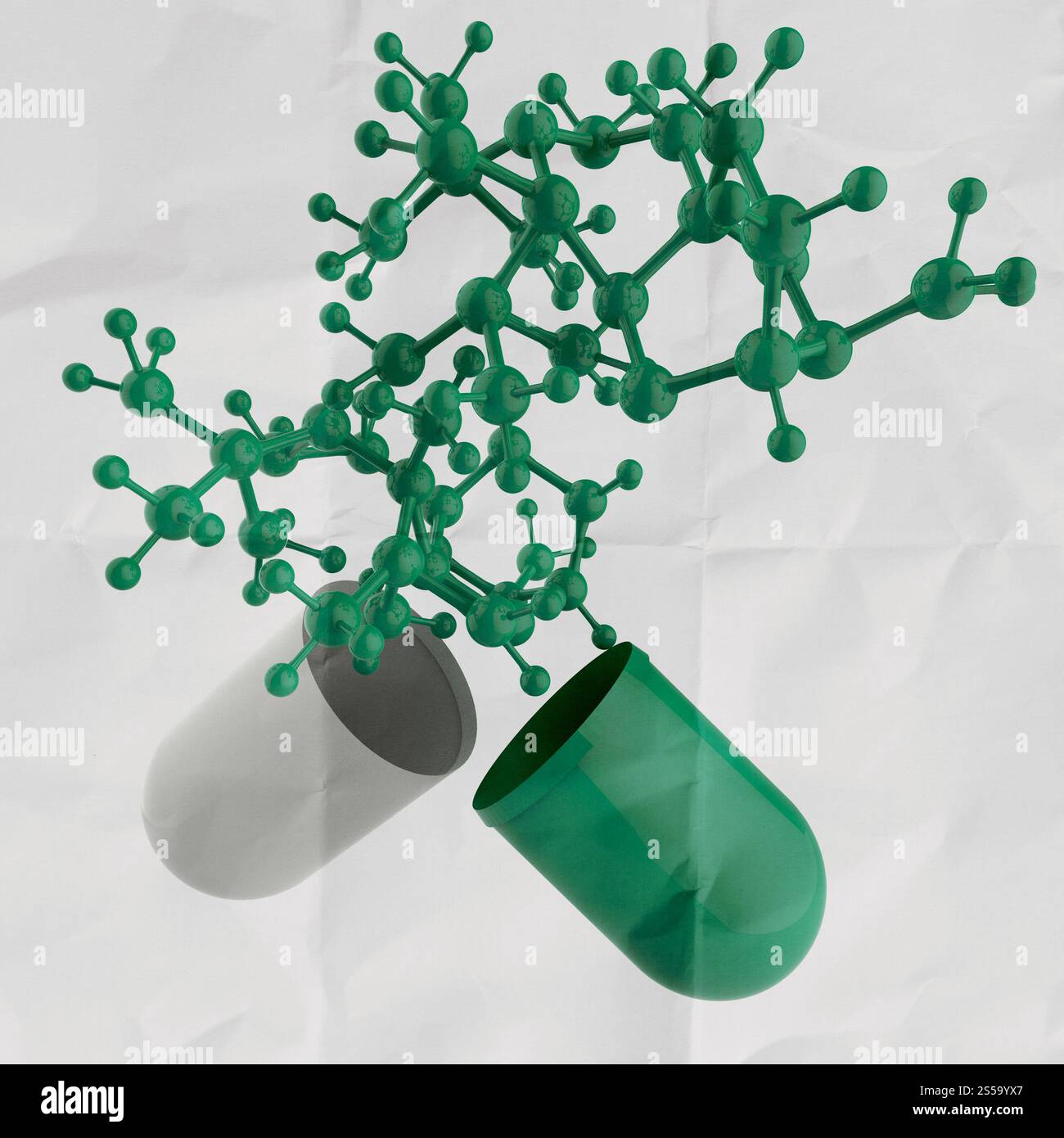 green medical capsule and molecule structure on crumpled paper as ...