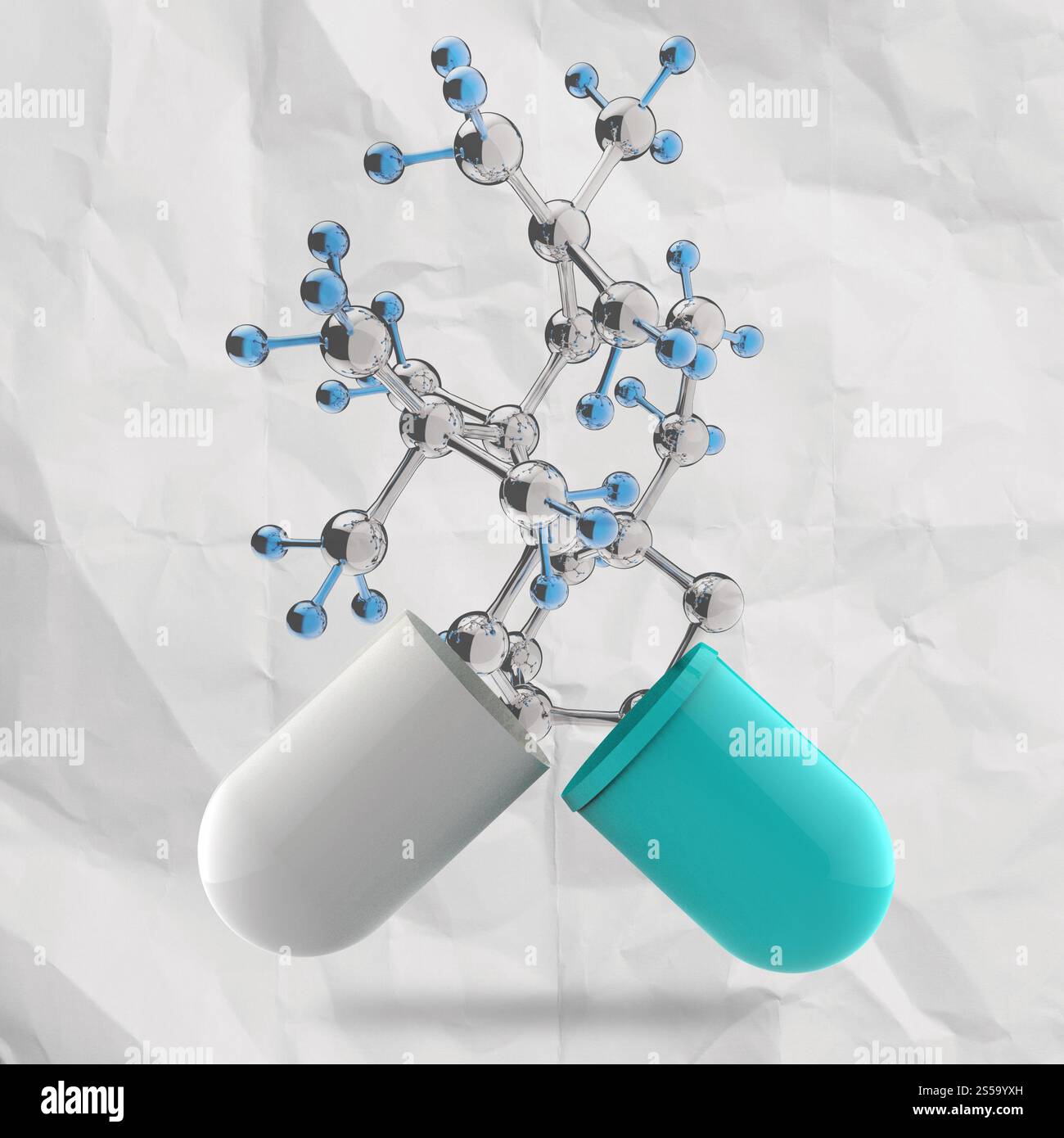 green medical capsule and molecule structure on crumpled paper as ...