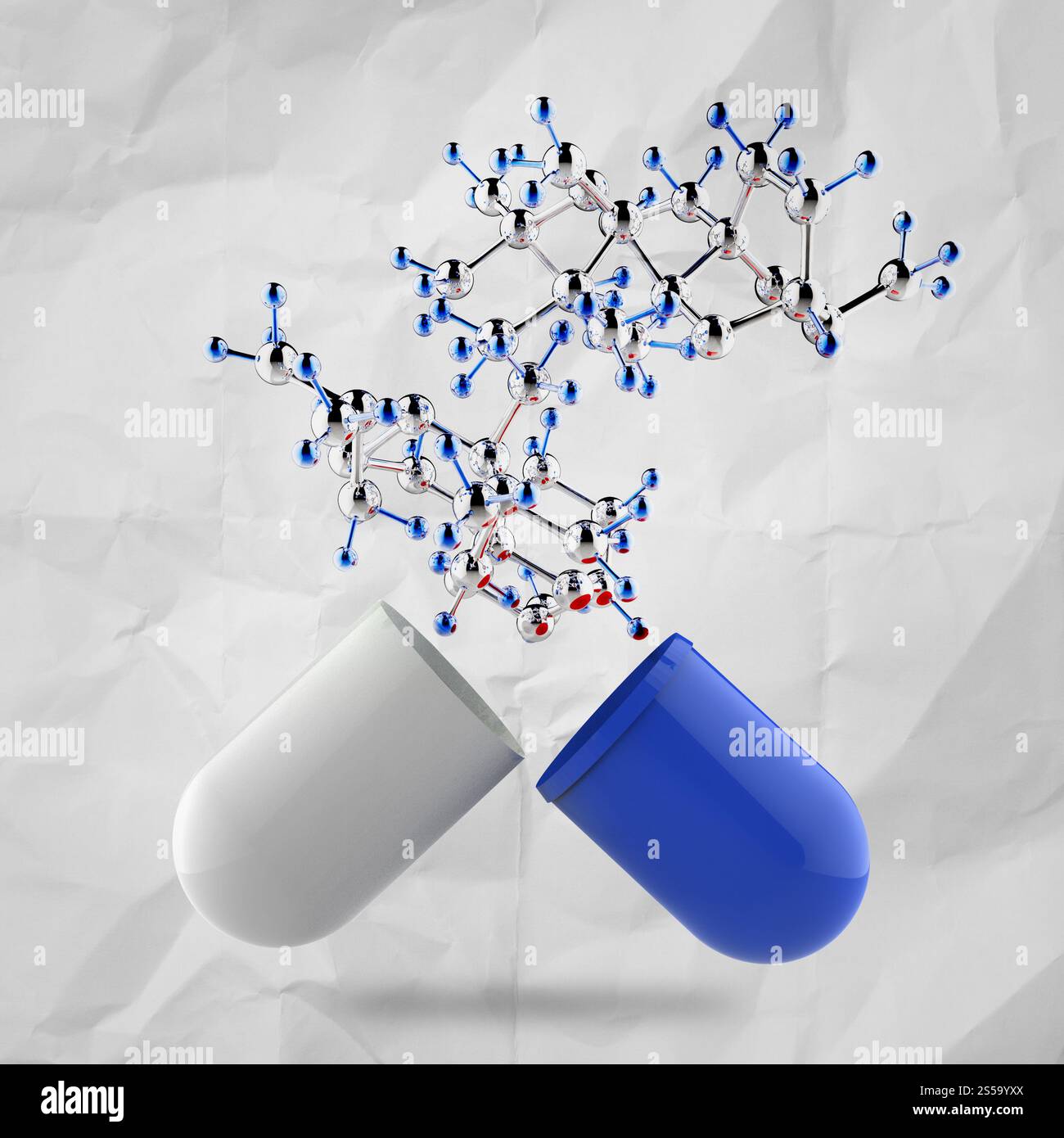 green medical capsule and molecule structure on crumpled paper as ...