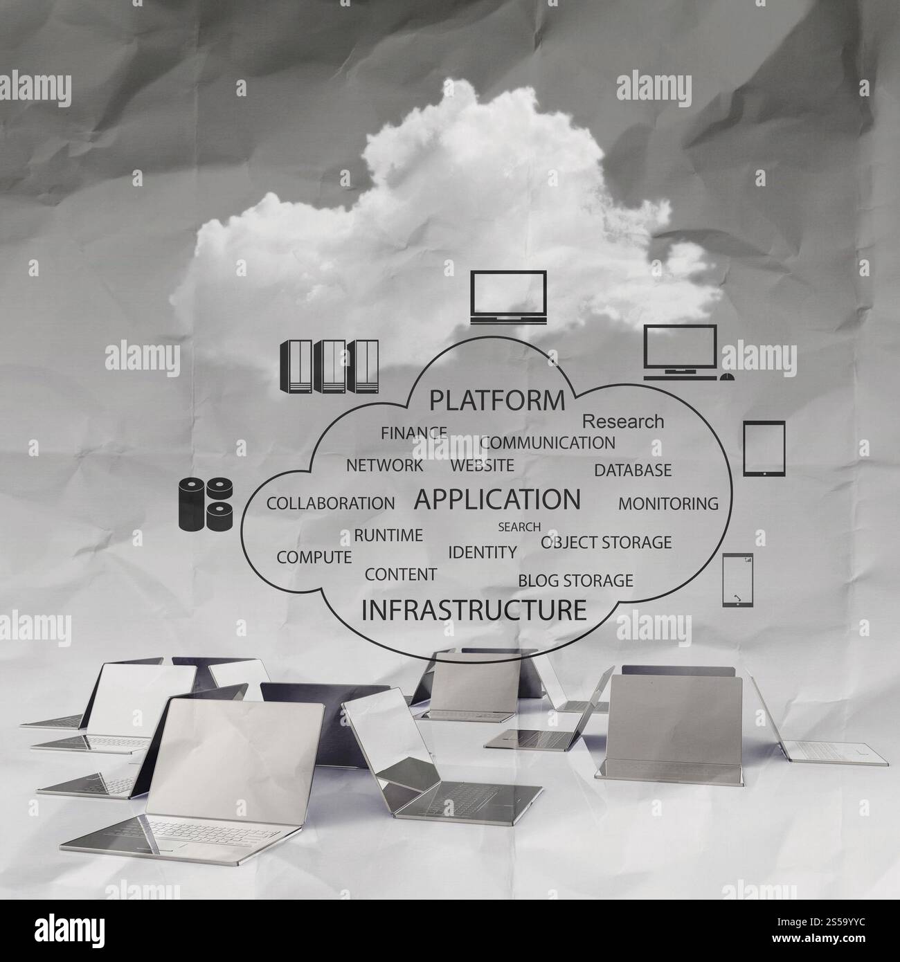 Cloud computing 3d structureon crumpled paper background as concept ...