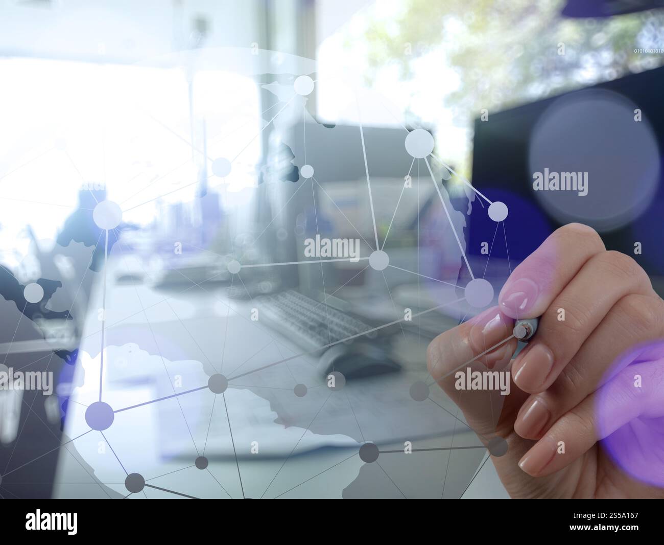 businessman hand working with new modern computer show social network ...