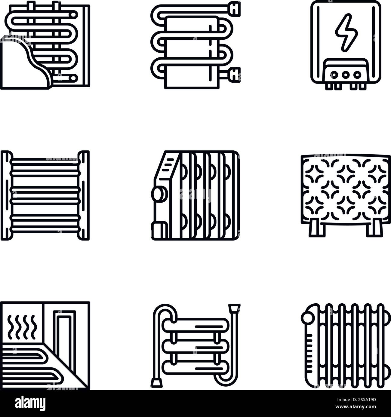 Heater radiator icon set. Outline set of 9 heater radiator vector icons ...