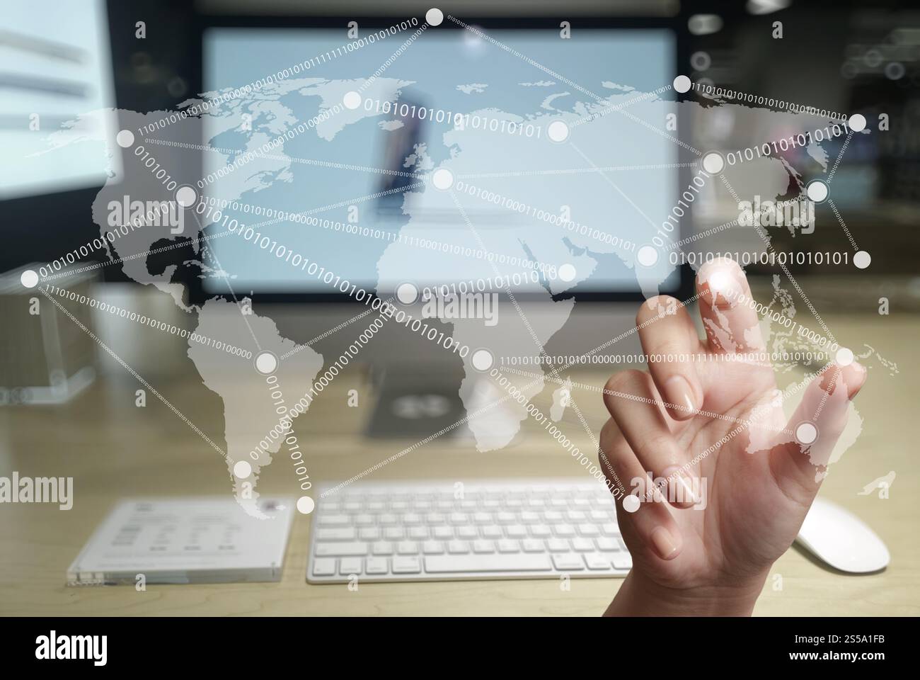 businessman hand working with new modern computer show social network ...