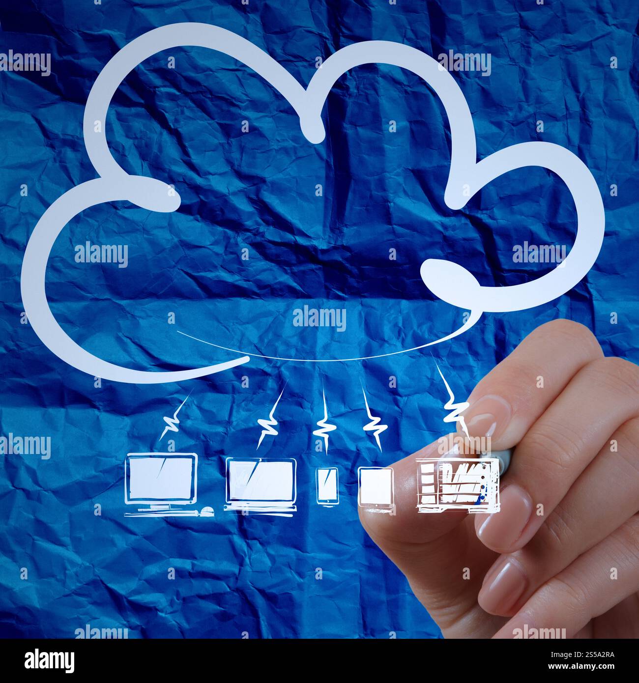 hand drawing Cloud Computing diagram with crumpled paper background as ...