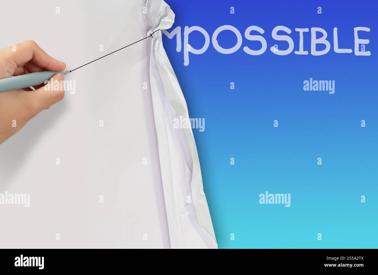 hand pull wrinkled paper show word impossible transformed into possible ...