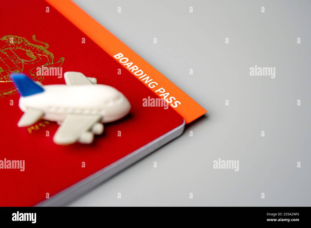 A passport, boarding pass, and a toy airplane with copy space for text ...