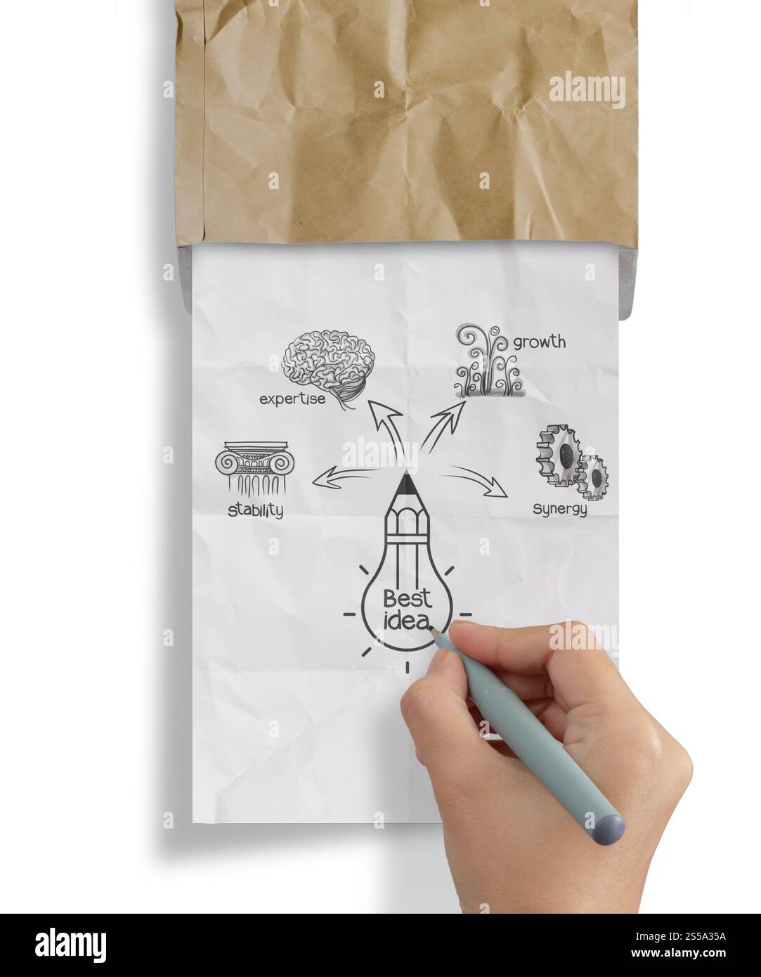 hand draws light bulb crumpled paperfrom recycle envelope as creative ...