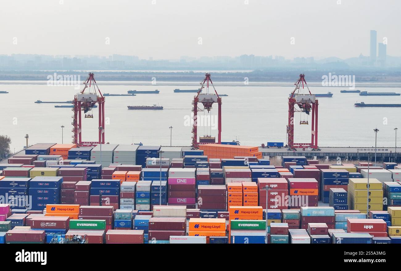Aerial photo shows the busy container terminal at Yangzhou Port in ...