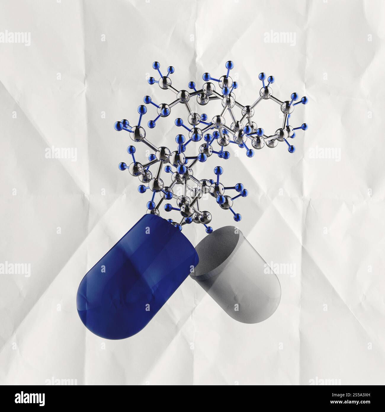 medical capsule and molecule structure on crumpled paper as concept ...