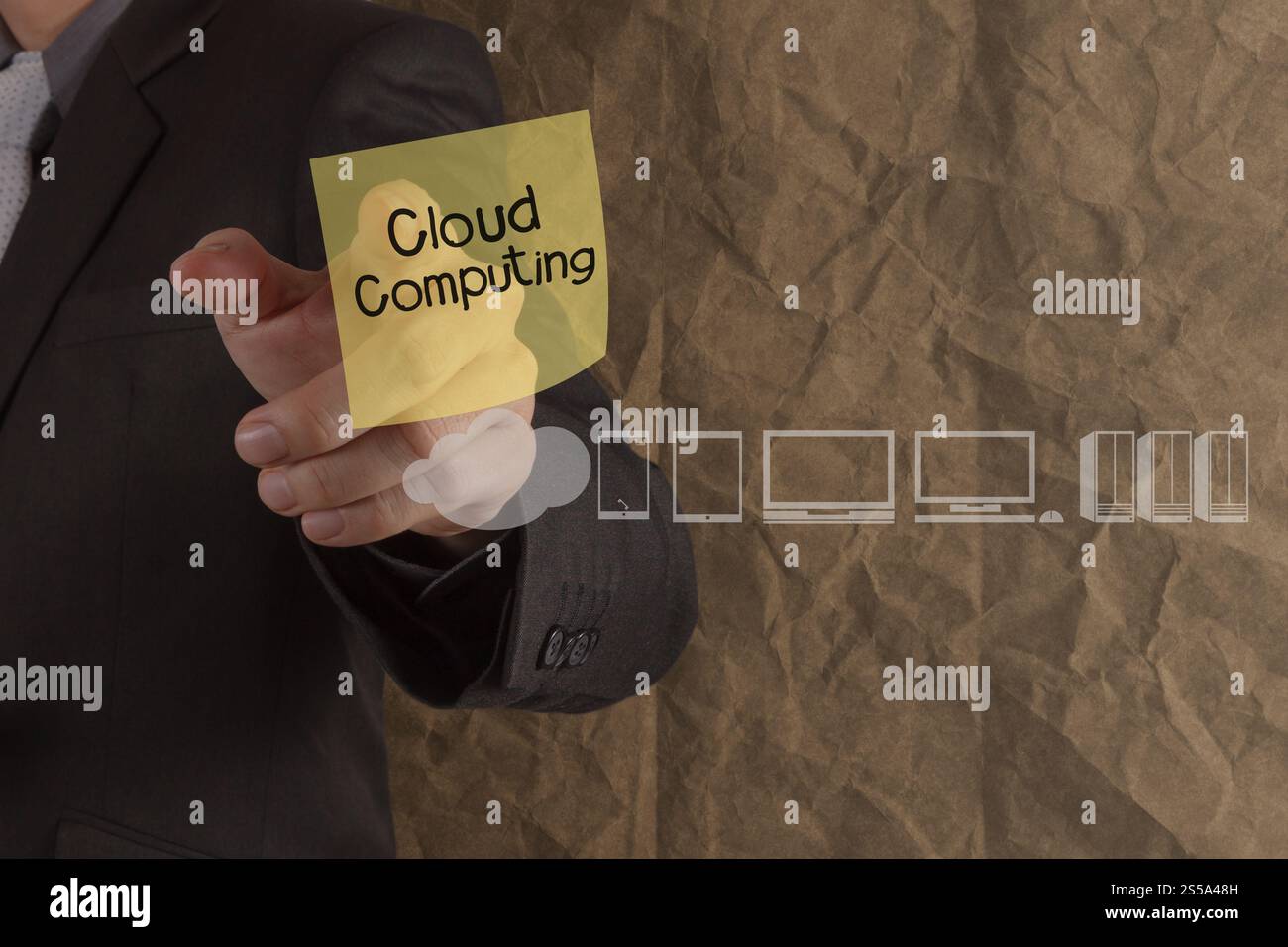 businessman hand point cloud computing on sticky note with icons ...