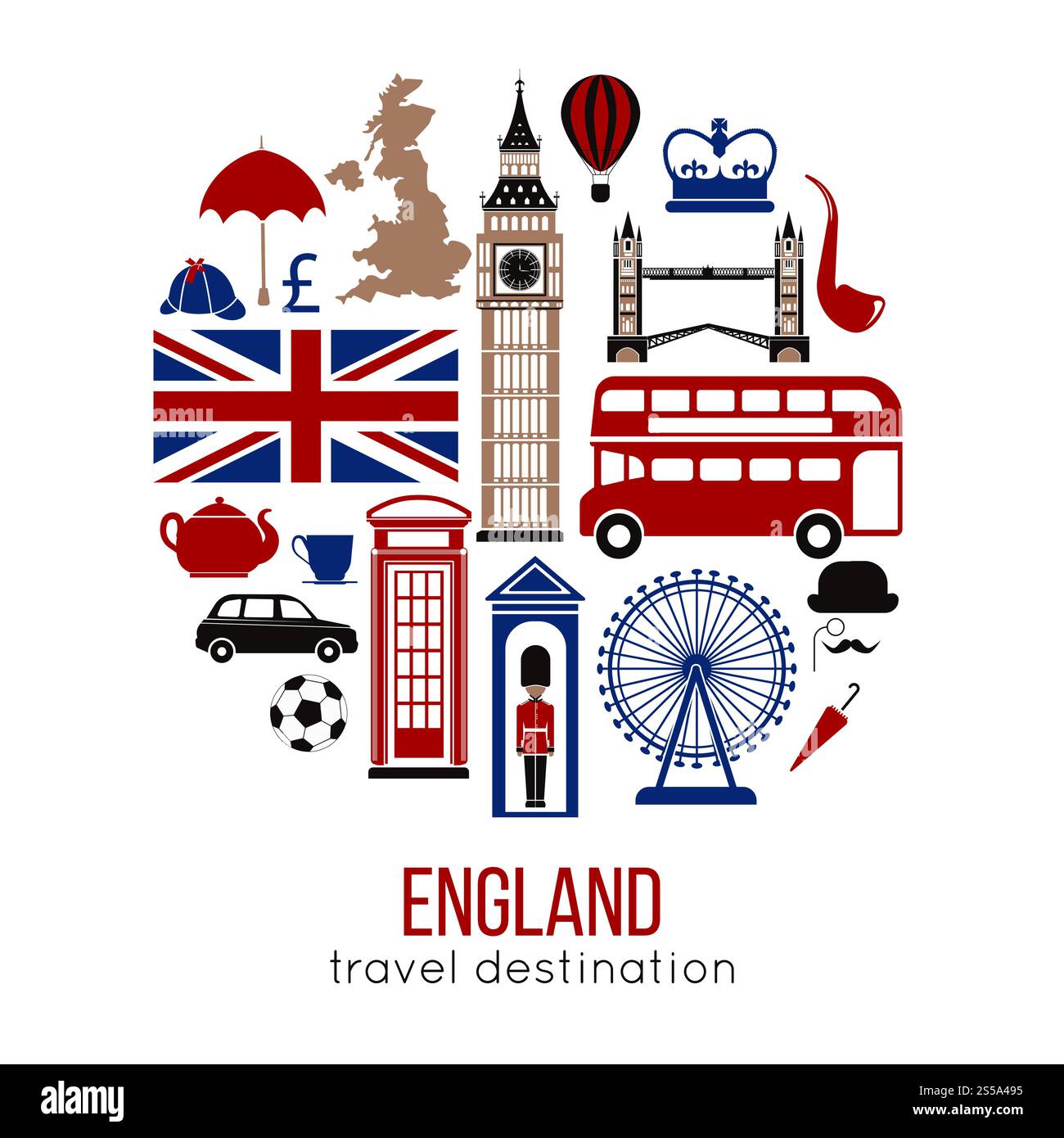 England UK sightseeing landmarks and famous vector travel attractions poster. Vector icons of ...