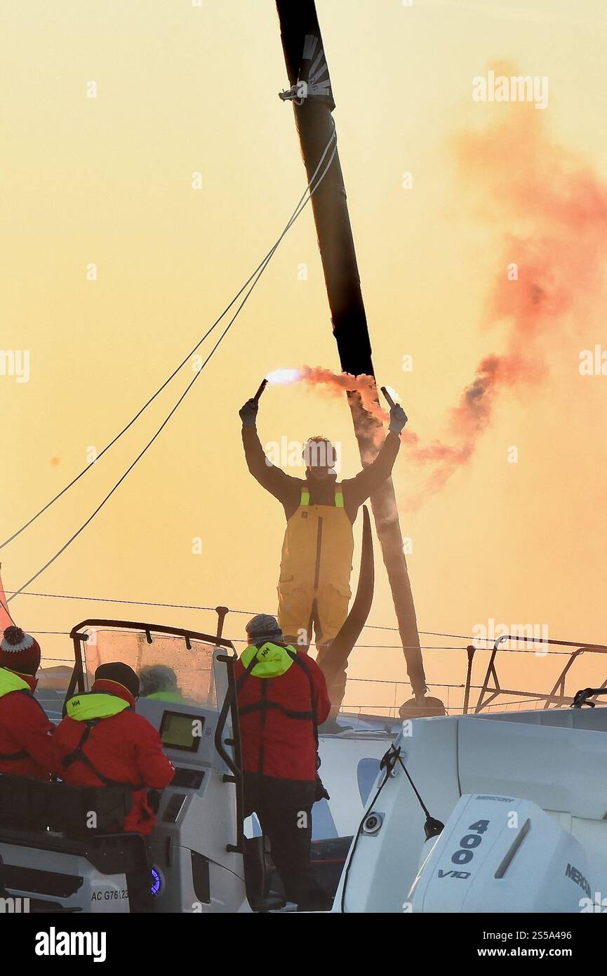 French skipper Charlie Dalin celebrates aboard his Imoca 60 monohull ...