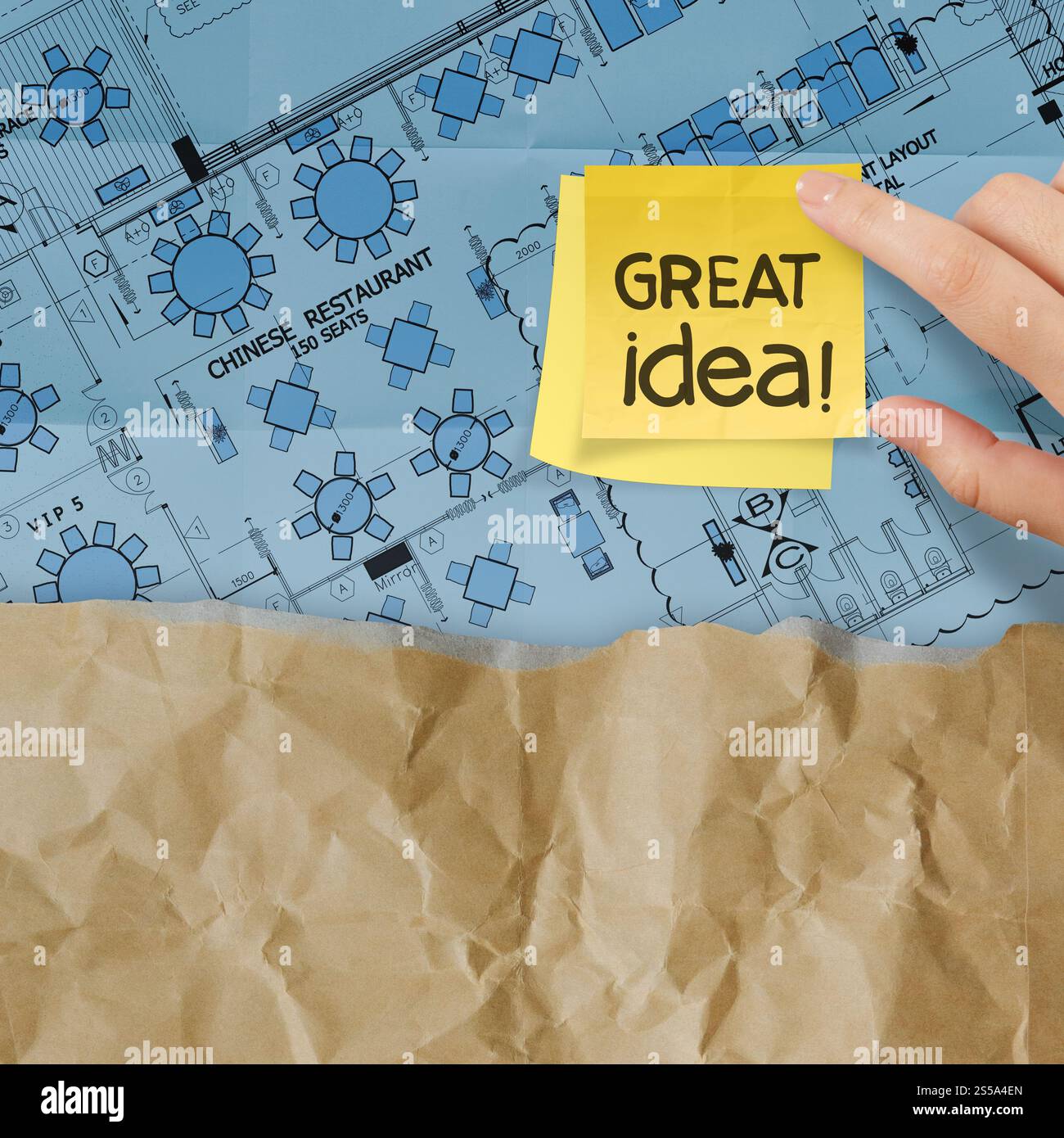 great job word with sticky note on construction site and layout plan ...