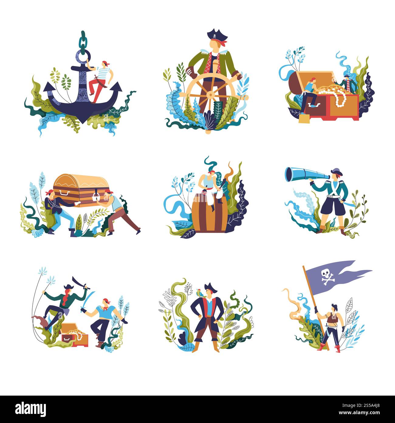 Pirate people with treasures and flag isolated set vector. Males ...