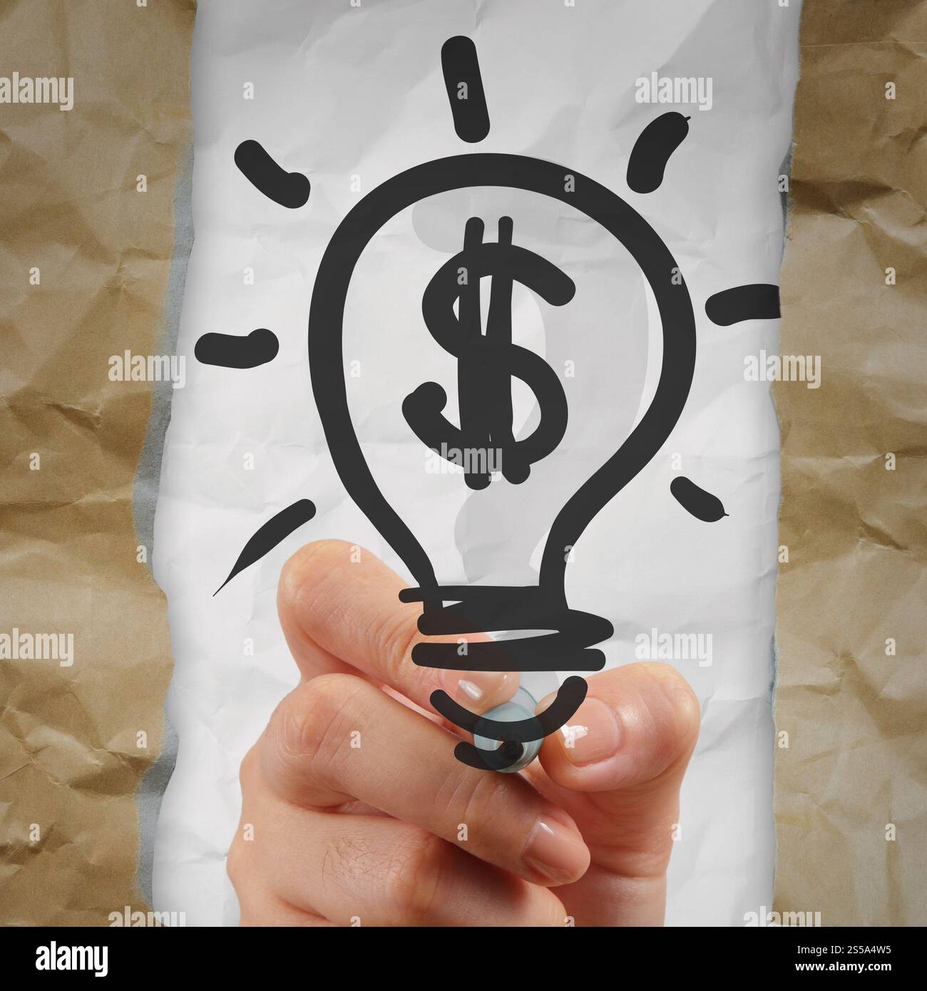hand drawing light bulb dollar sign with crumpled paper as creative ...