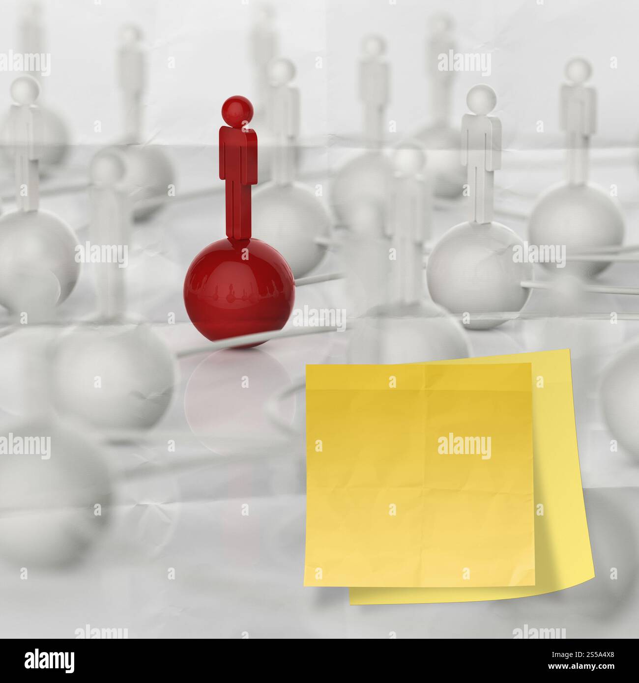 sticky note and leadership 3d human social network on crumpled paper ...