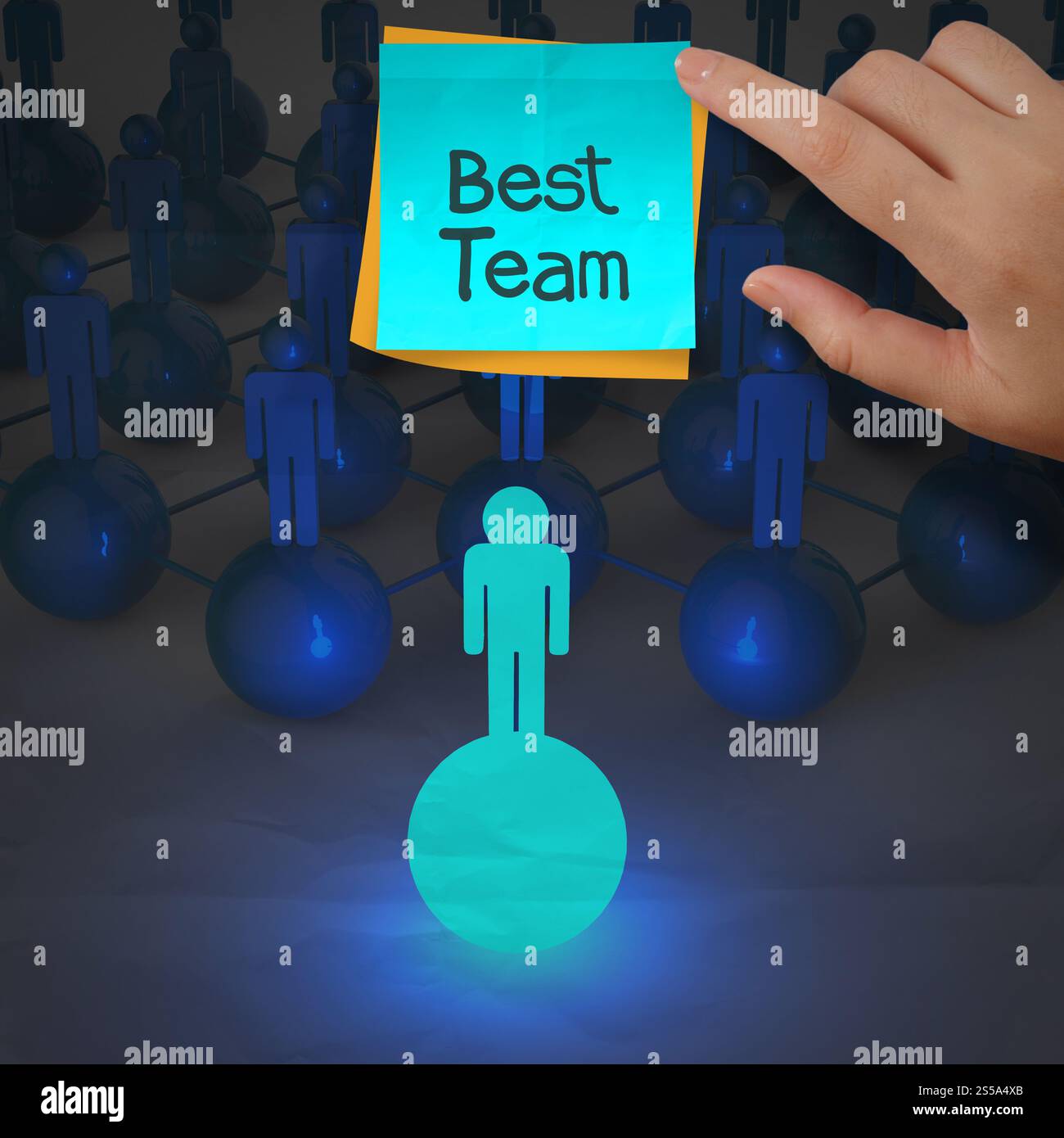 sticky note and best team word 3d human social network on crumpled ...