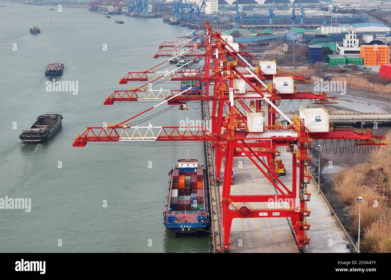 Aerial photo shows the busy container terminal at Yangzhou Port in ...