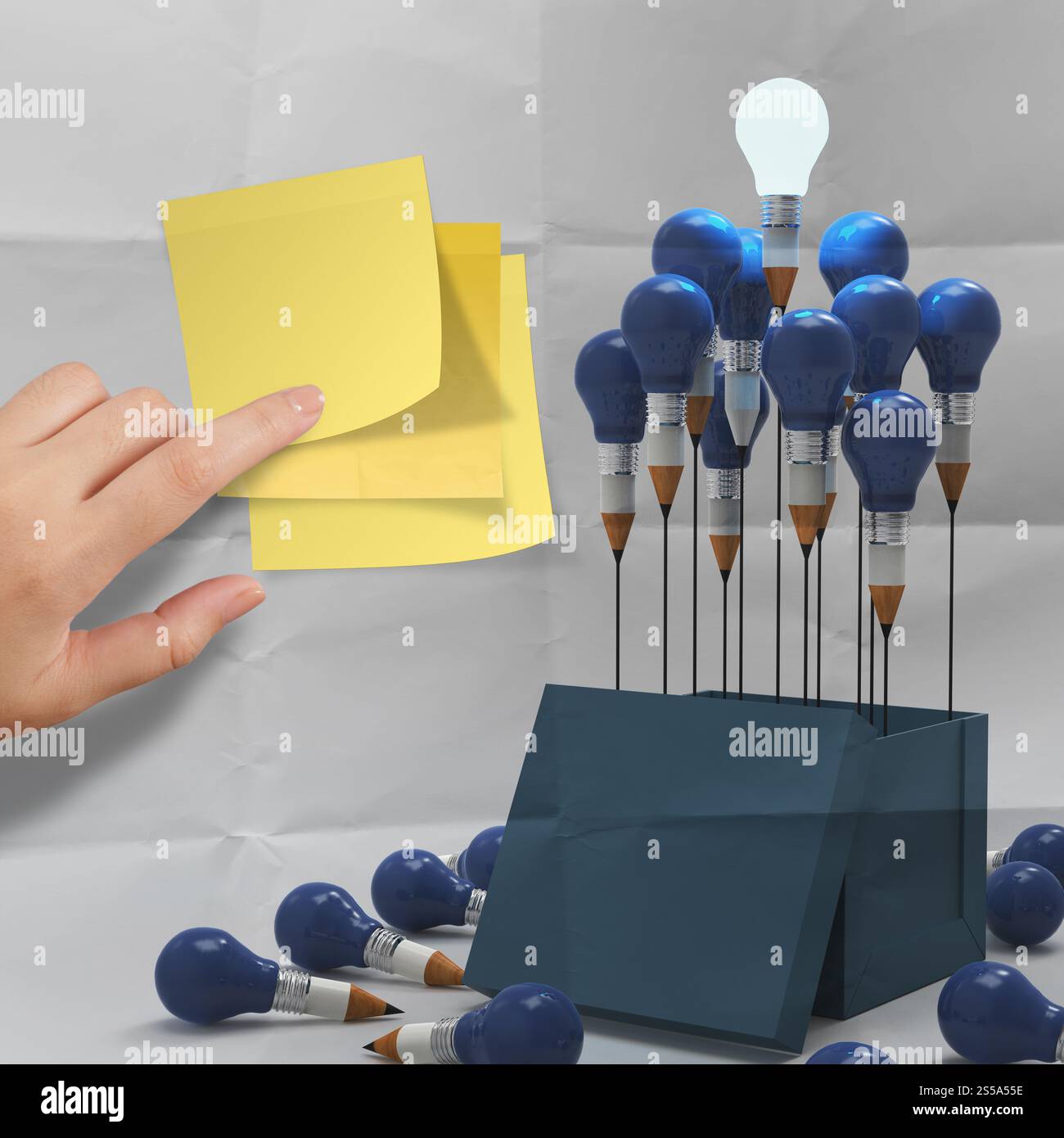 thinking outside the box on sticky note and pencil lightbilb as ...