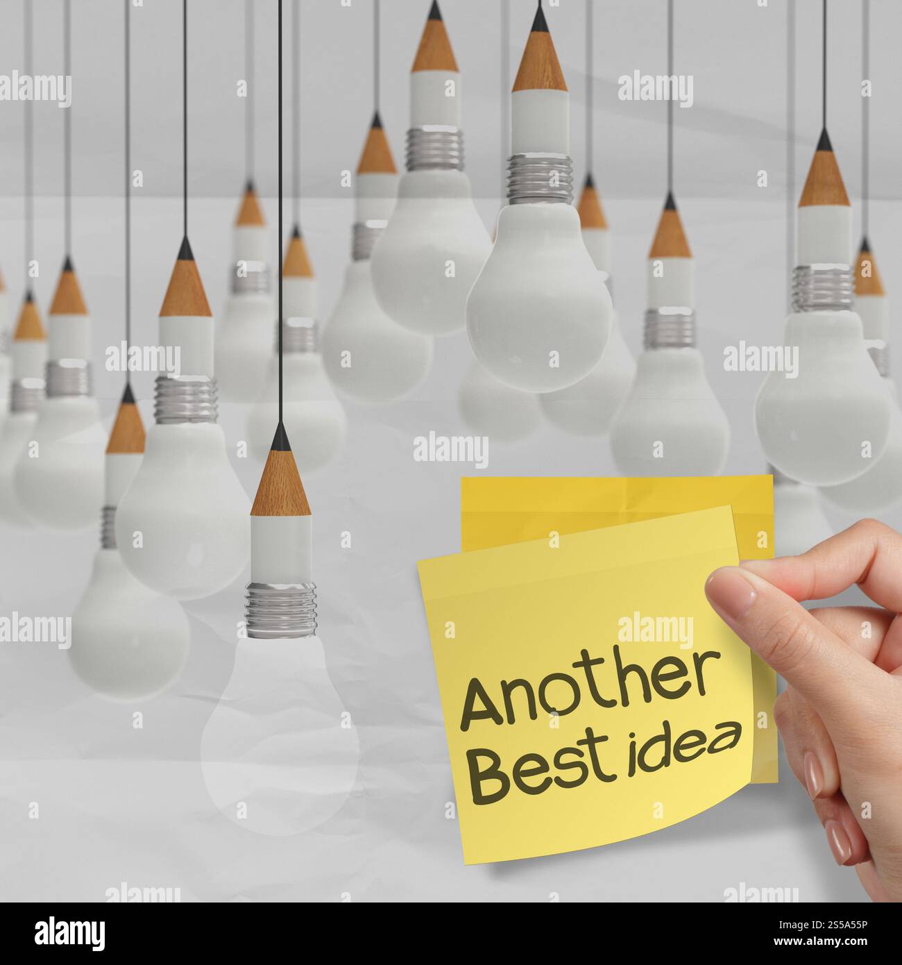pencil light bulb 3d crumpled paper and recycle tear envelope as creative concept background ...