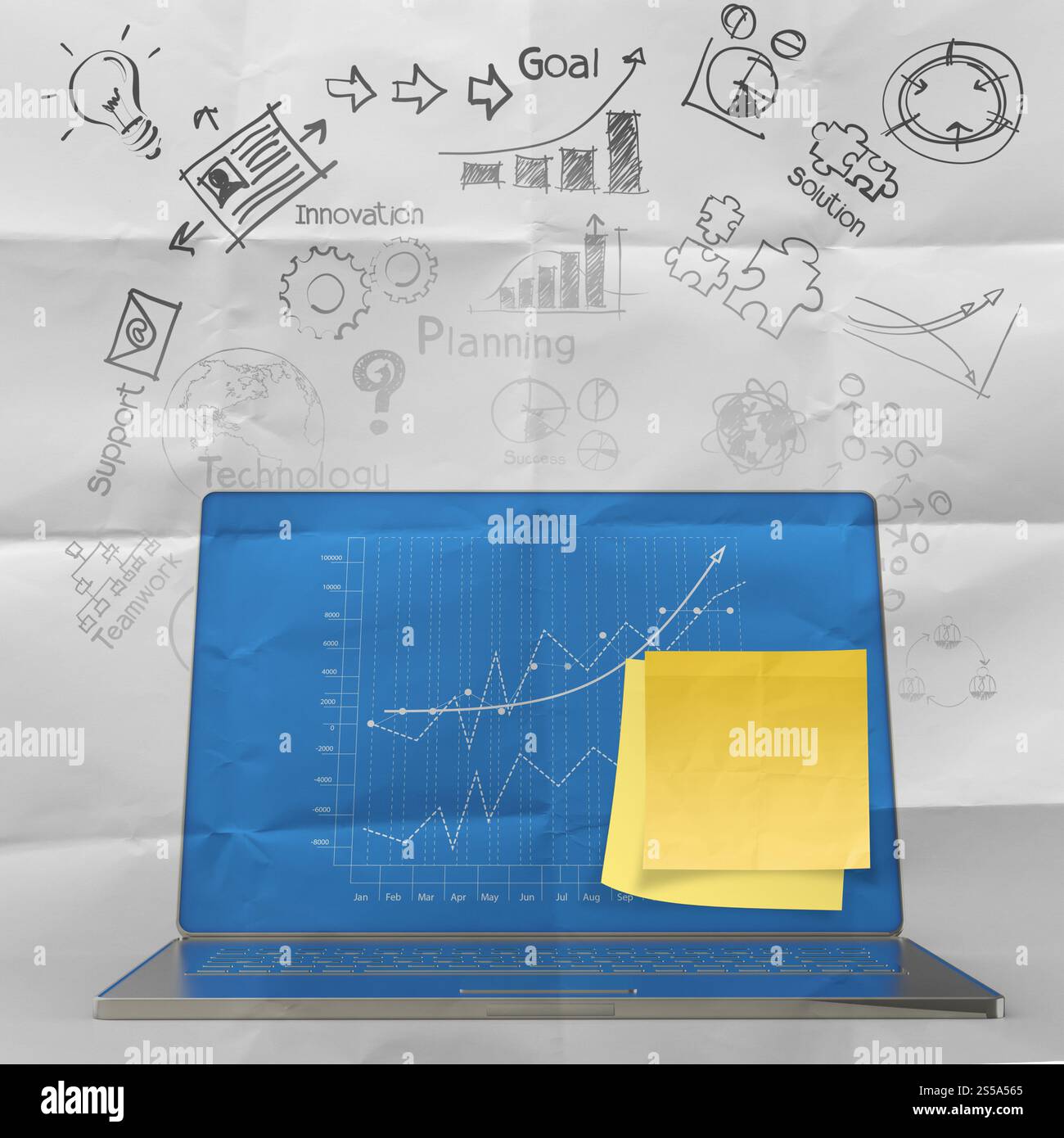 sticky note on crumpled paper with laptop computer and business diagram ...