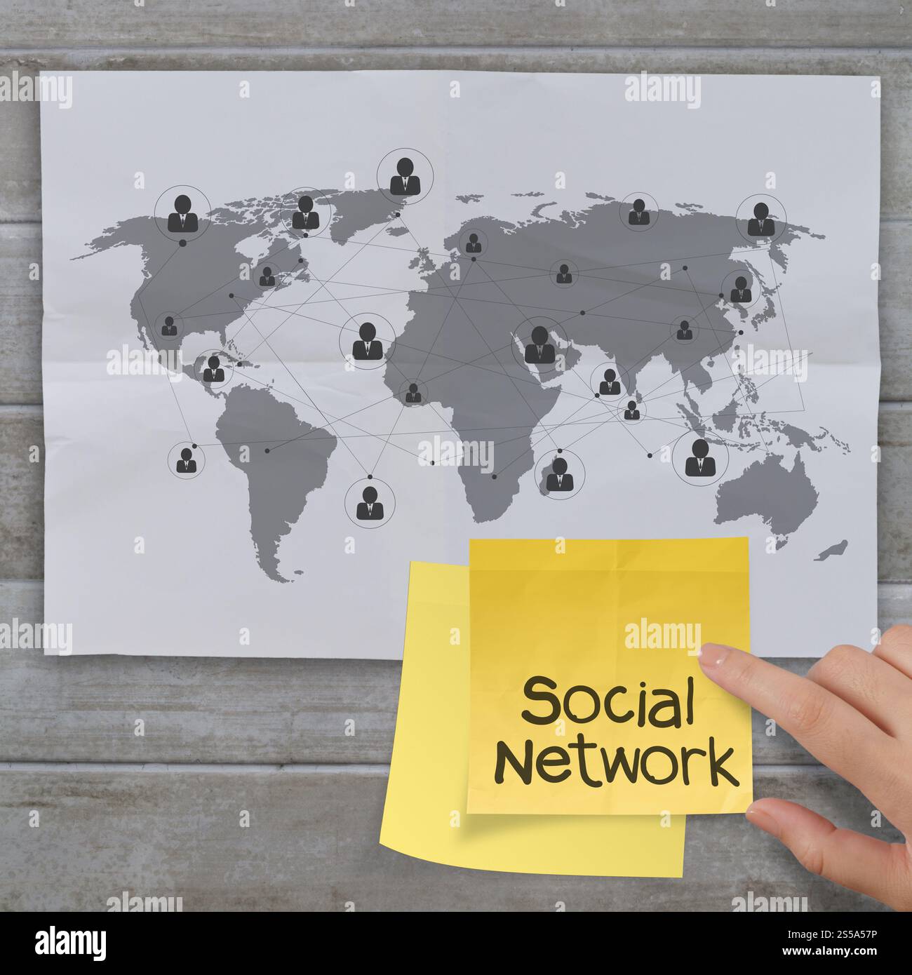 sticky note social network icon on crumpled paper background as concept ...