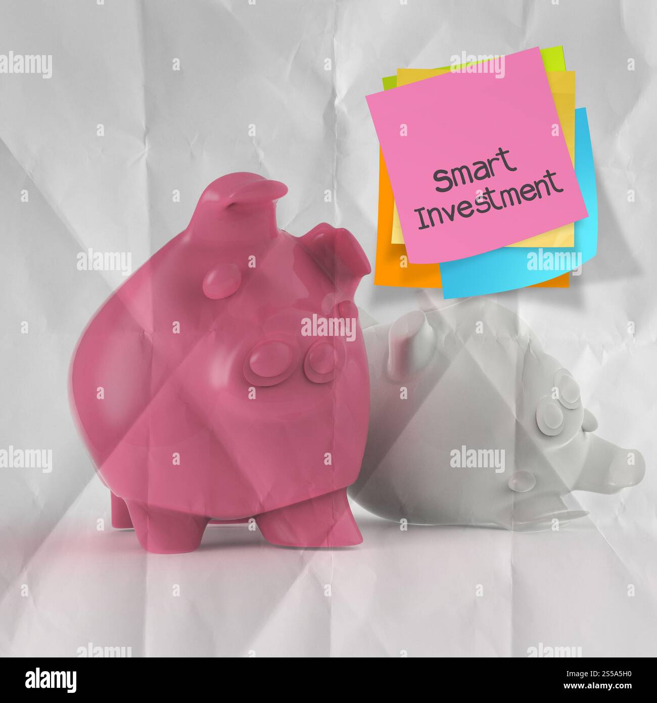 smart investment sticky note on piggy bank 3d standing another fall as ...