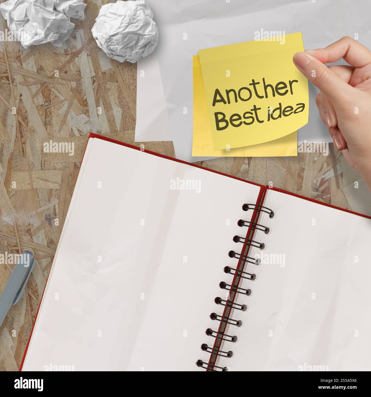 another idea word sticky notes with blank open note book on recycle ...