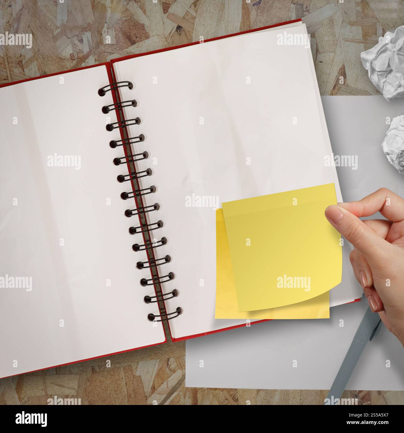 sticky notes with blank open note book on recycle wood desk top Stock ...