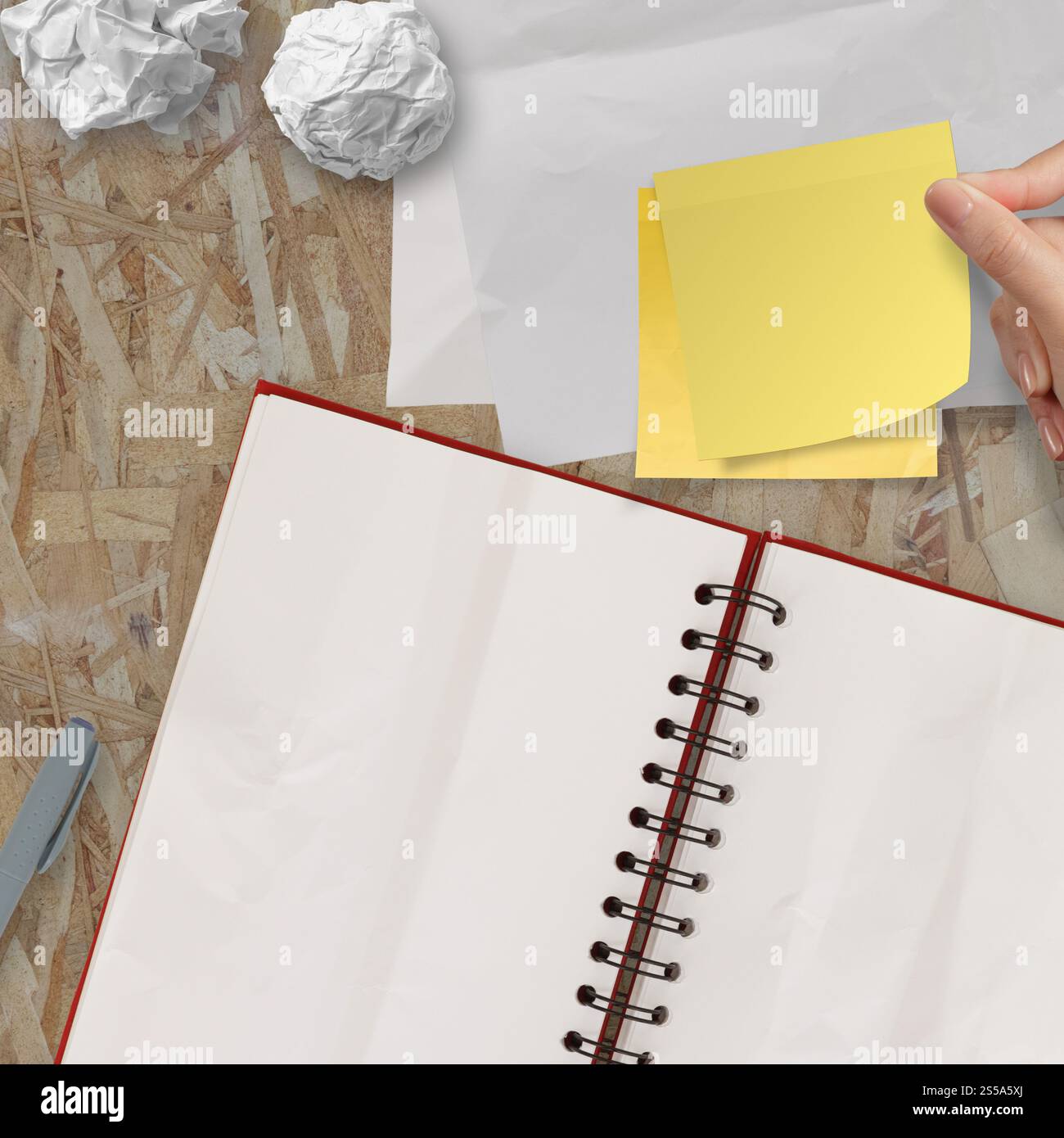 sticky notes with blank open note book on recycle wood desk top Stock ...