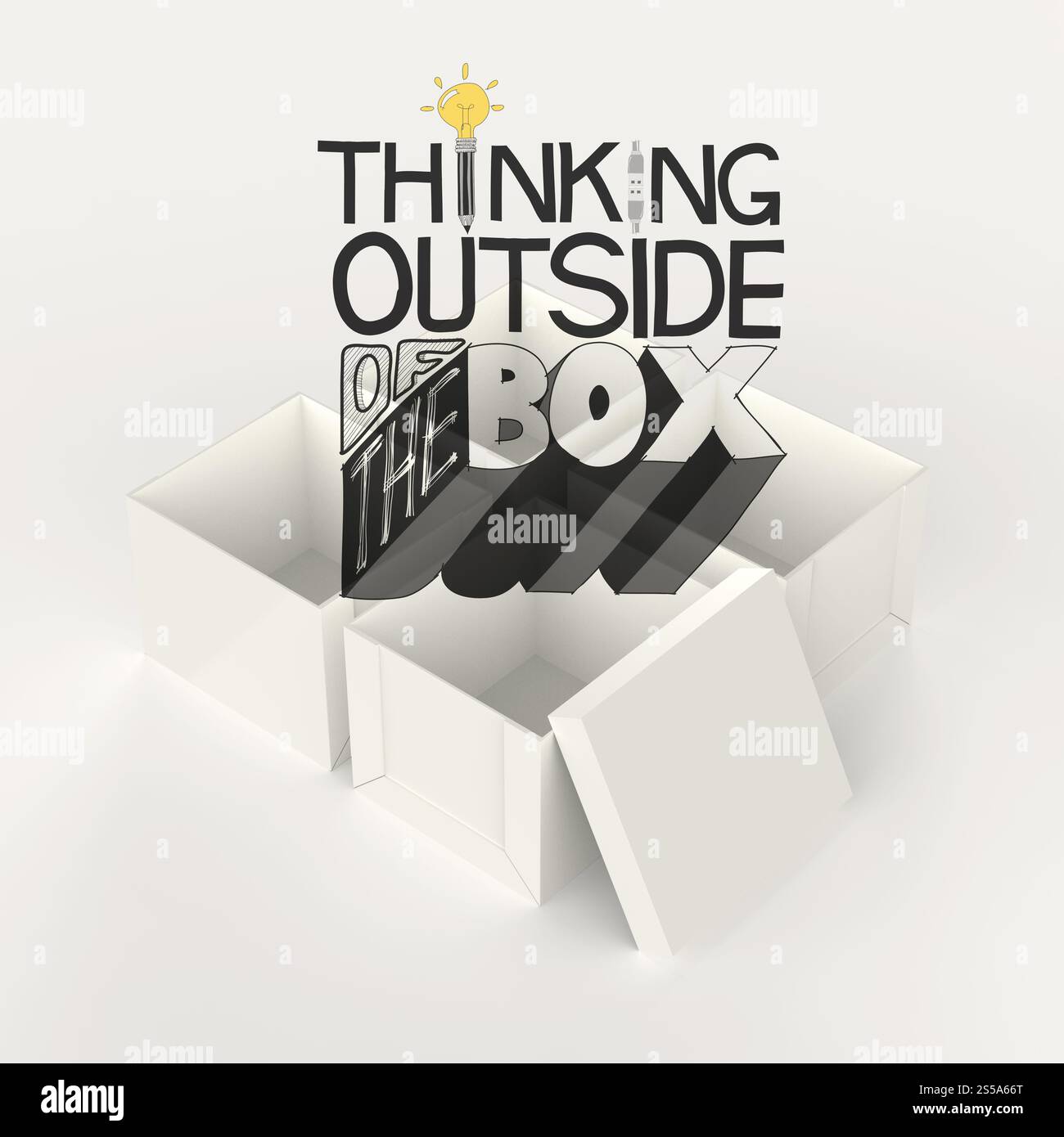 open box 3d and design word THINKING OUTSIDE OF THE BOX as concept ...