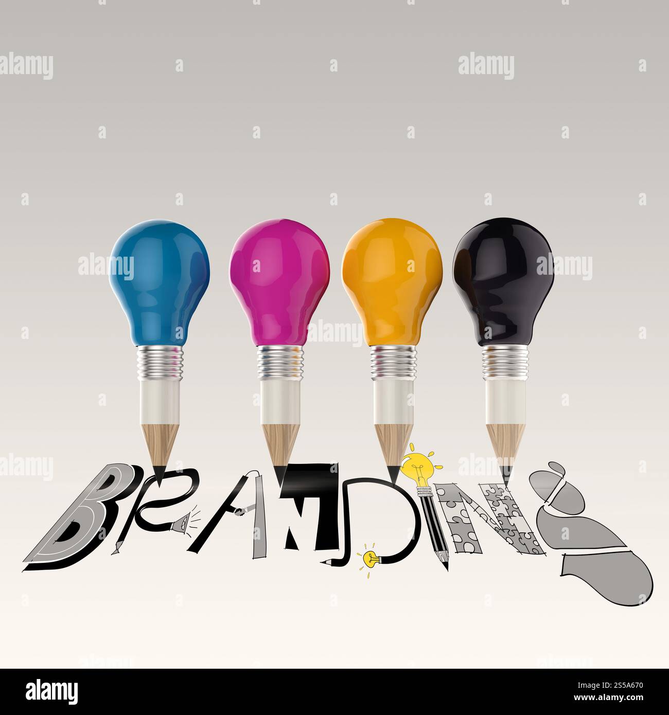 hand drawn graphic word cmyk and 3d cmyk pencil light bulb as concept Stock Photo - Alamy
