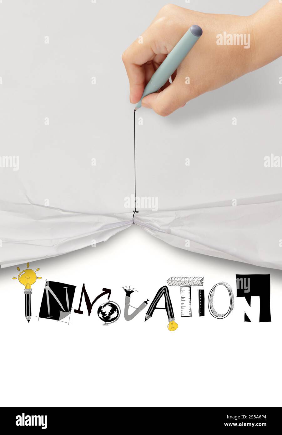 hand draw rope open wrinkled paper show graphic design word INNOVATION ...