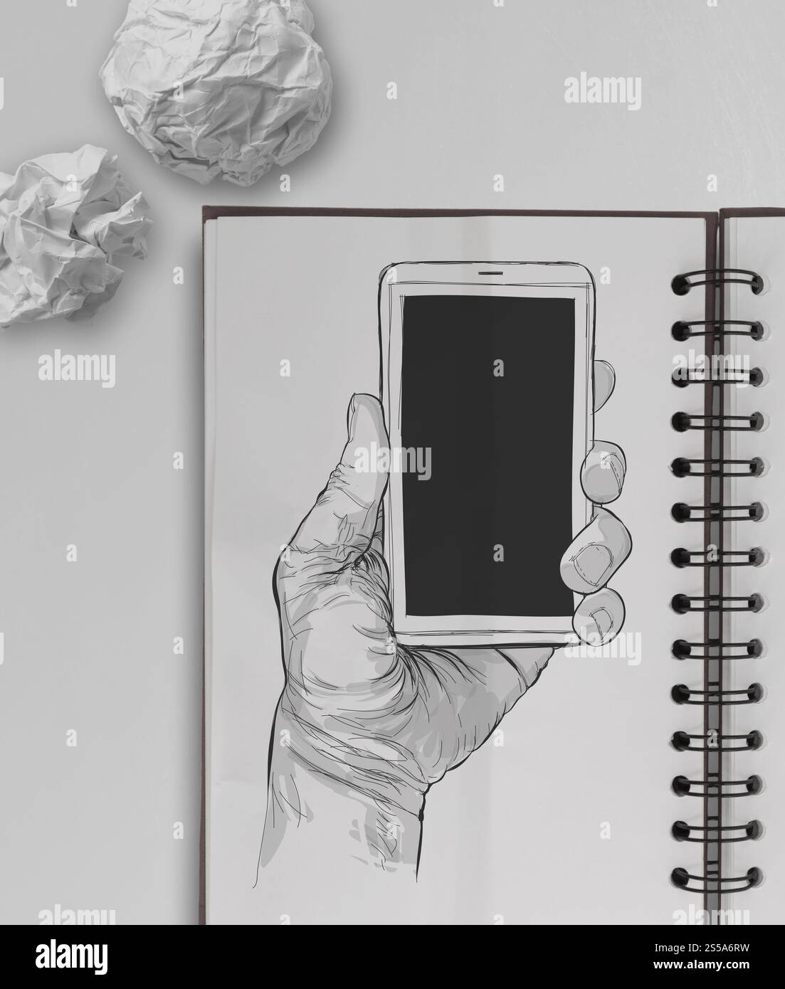 Hand drawn hands with mobile phone note book as concept Stock Photo - Alamy