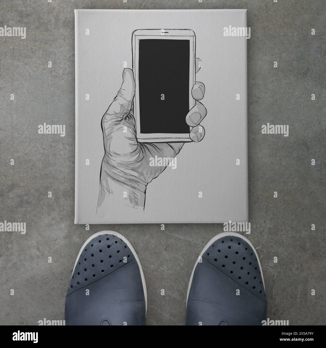 Hand drawn hands with mobile phone on canvas board on front of business ...