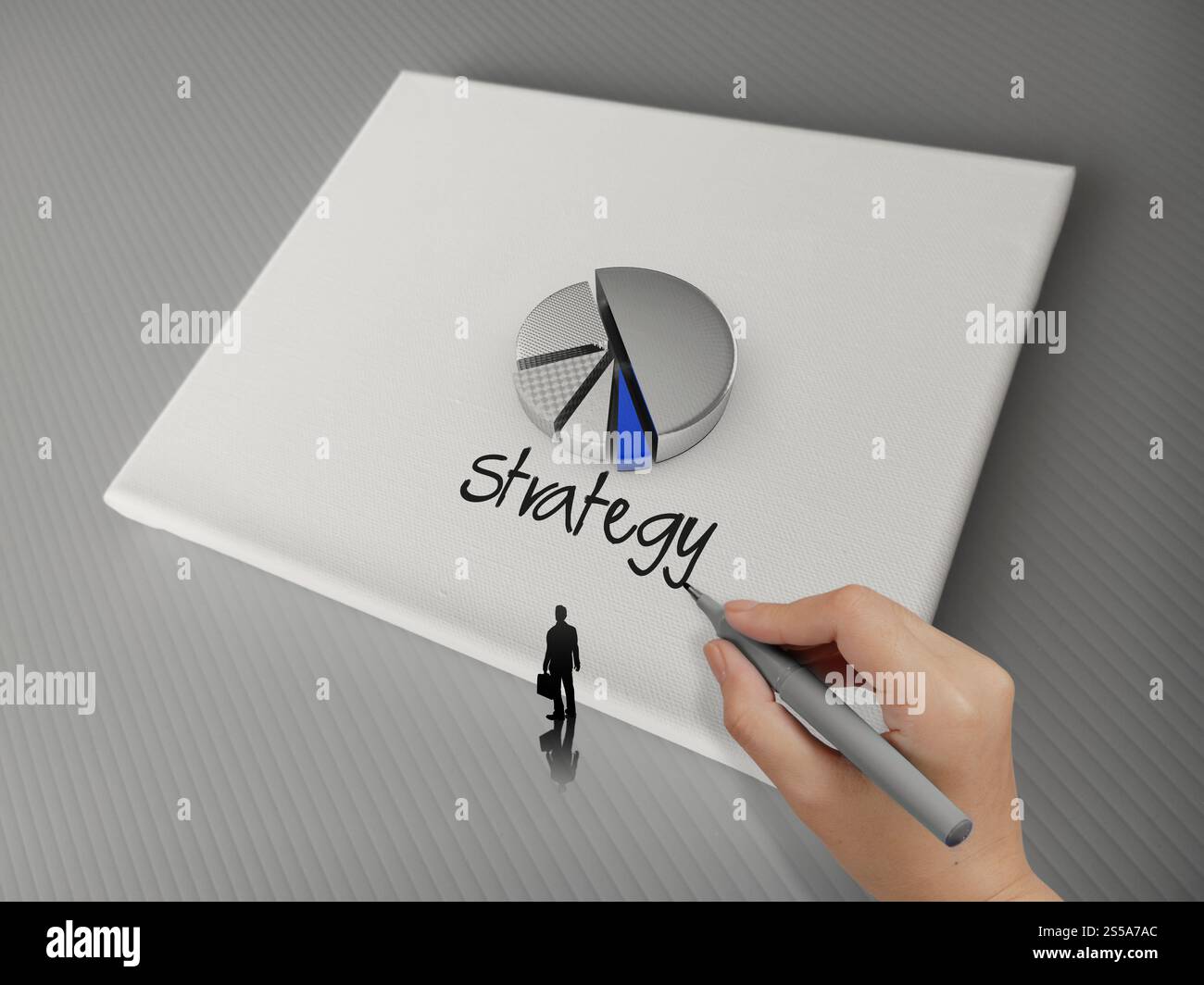 hand drawing business strategy word and 3d pie chart icon canvas board ...