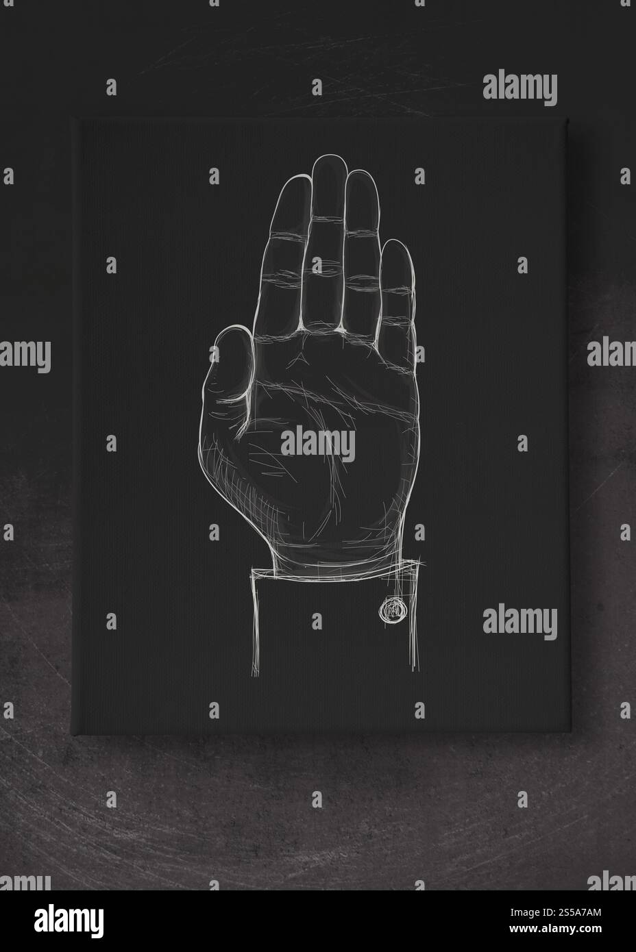 Hand raised draw sign on dark canvas board as concept Stock Photo - Alamy