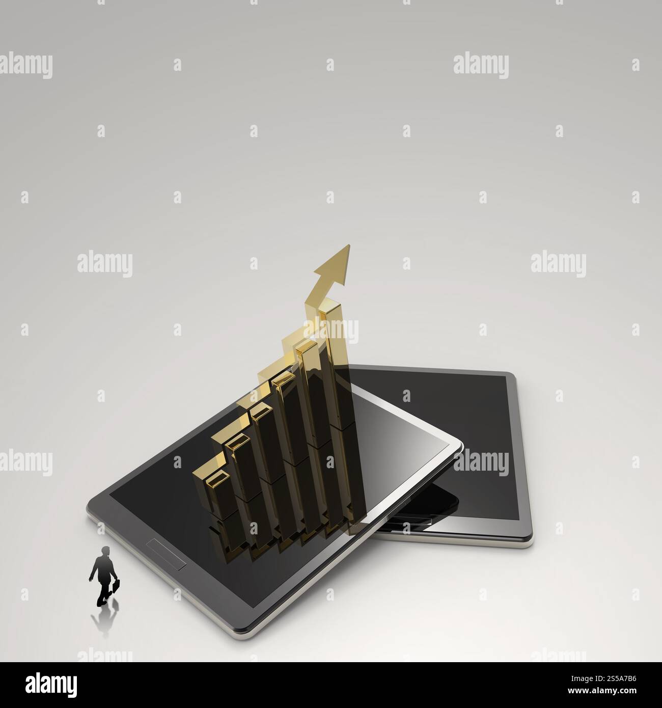 businessman walking to 3d tablet computer with a bar graph as concept ...