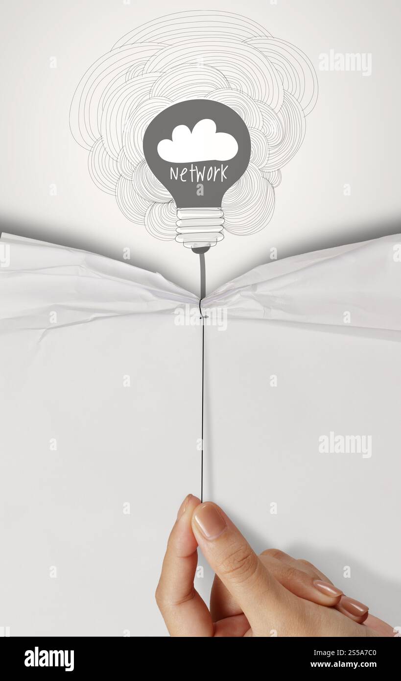 business hand pull rope open wrinkled paper show cloud network icon ...