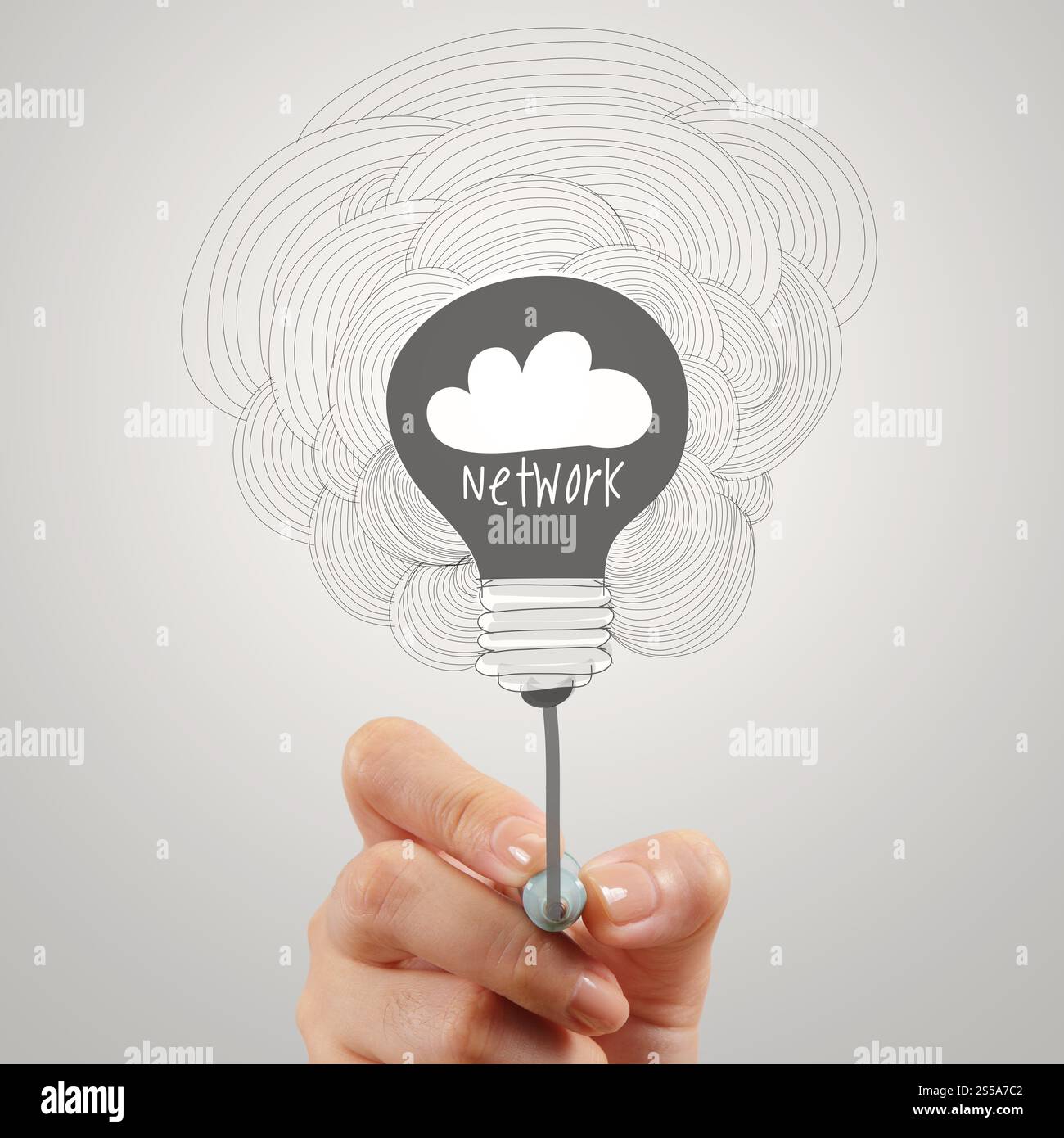 hand drawing Cloud network with light bulb doodle on the new computer interface as concept Stock ...