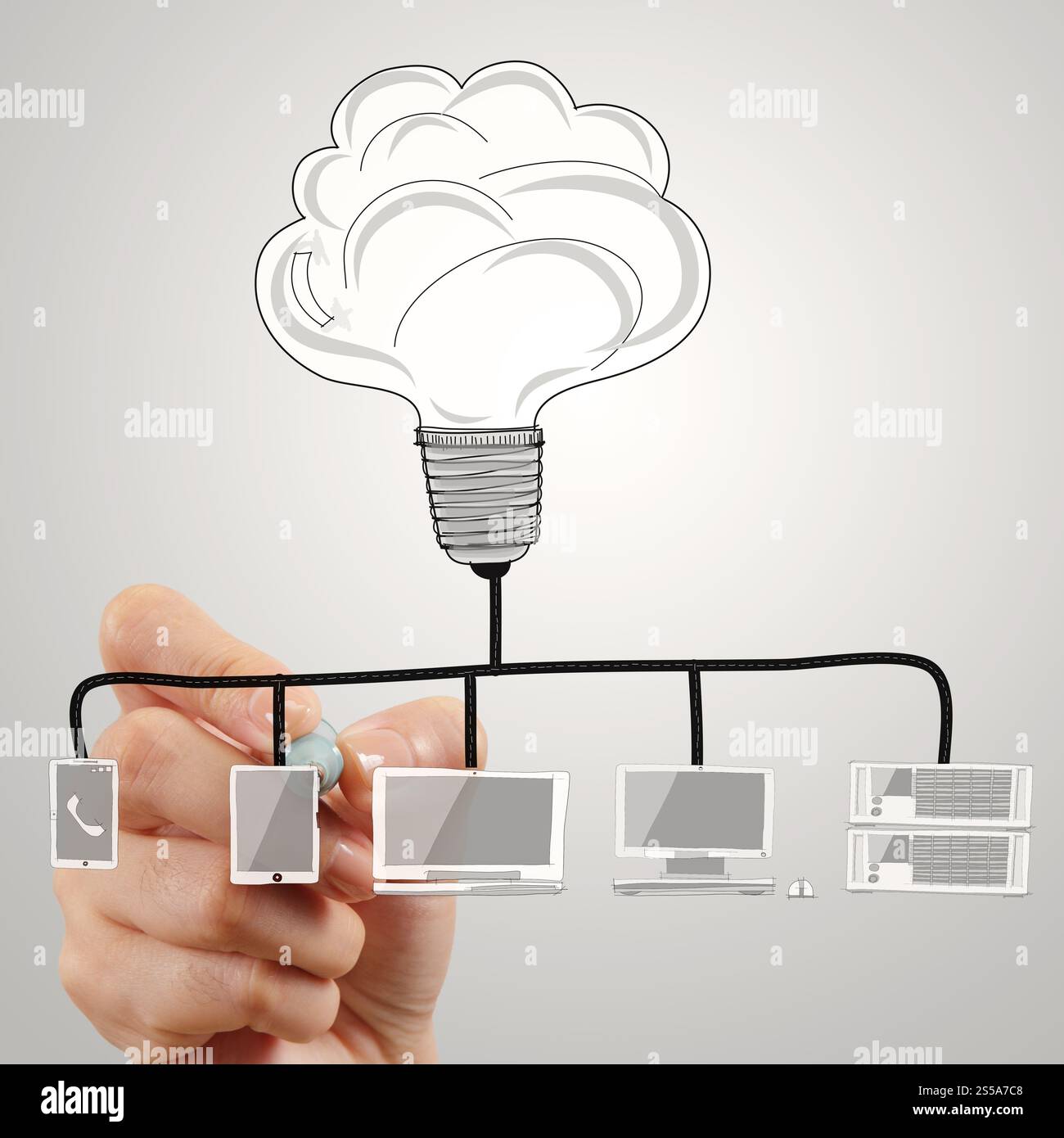 hand drawing Cloud network with light bulb doodle diagram on the new ...