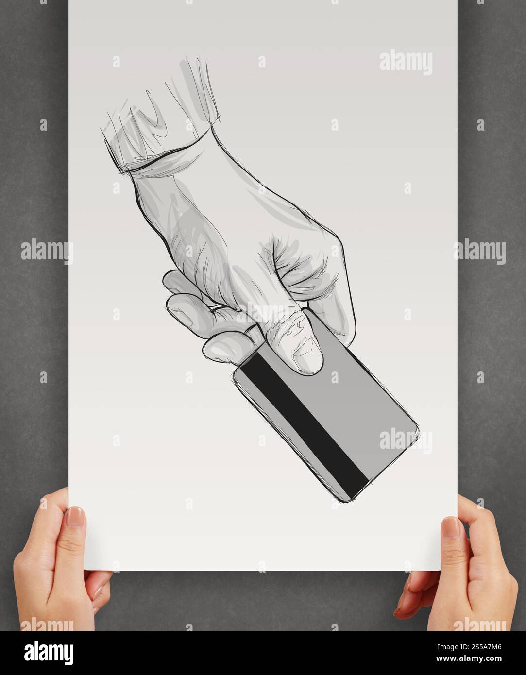 hand drawn hand holding up credit card on crumpled paper background ...