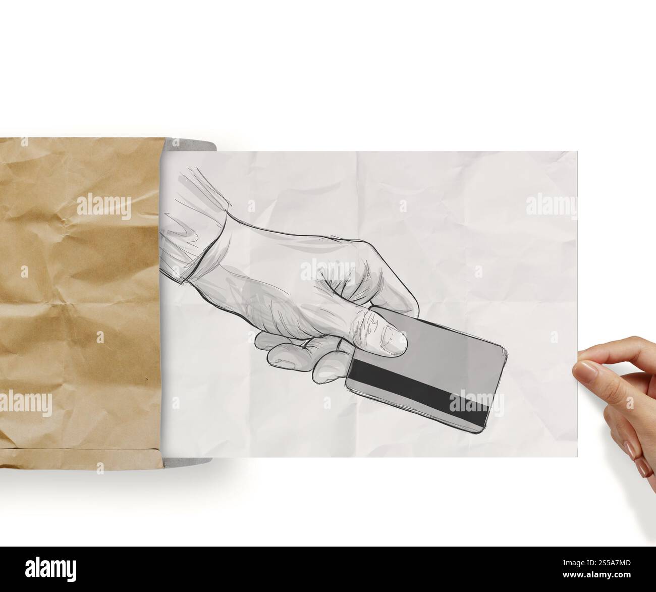 hand drawn hand holding up credit card on crumpled paper background ...