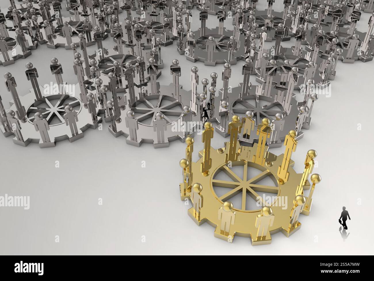 businessman walking to 3d figures on connected cogs as leadership ...