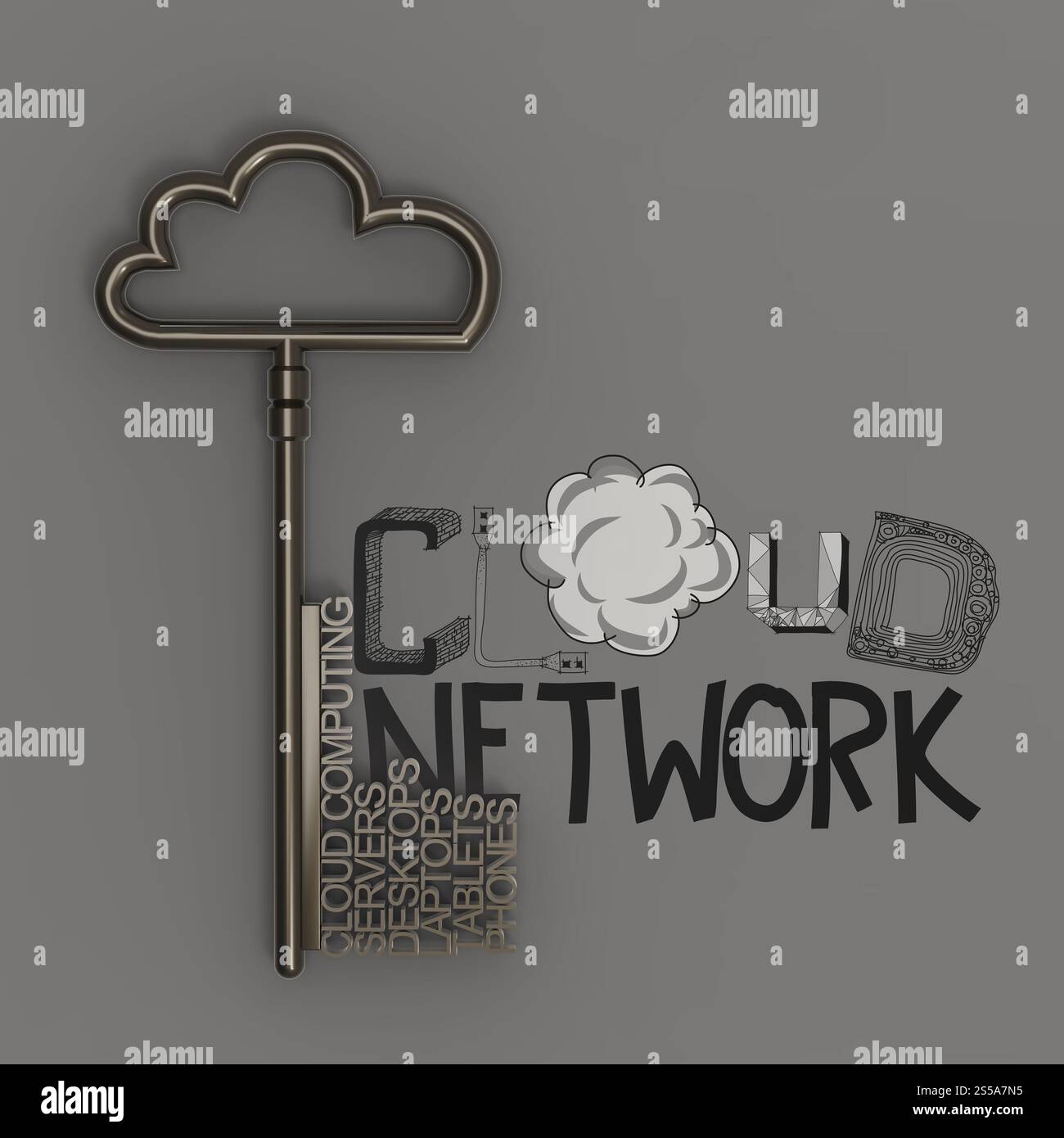 design word CLOUD NETWORK with metallic cloud and the key as concept ...