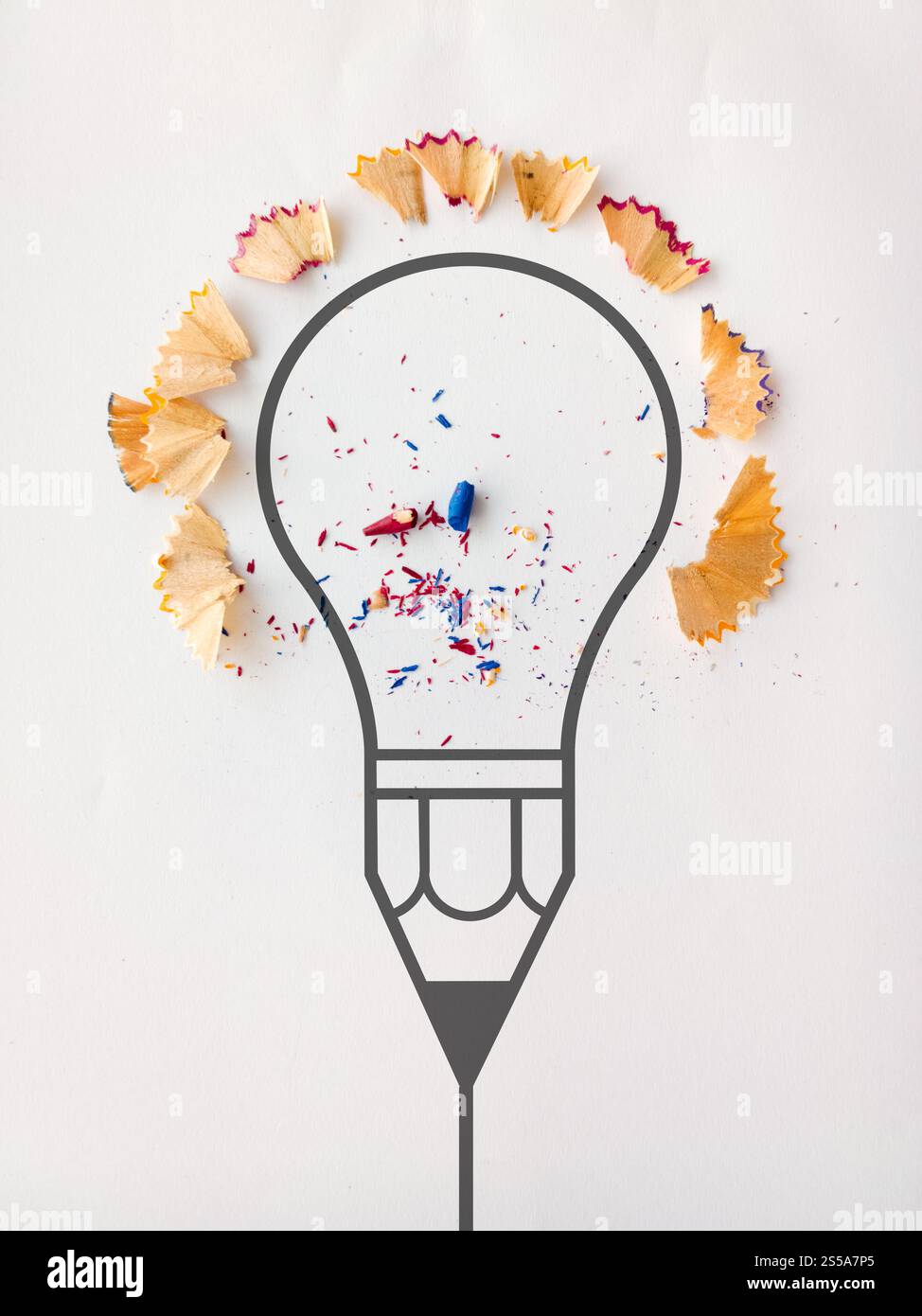 graphic pencil light bulb with pencil saw dust on paper background as creative concept Stock ...