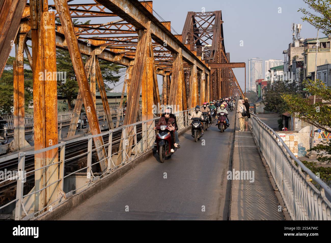 Vietnamese Motorbike Driver at the Long Bien Bridge in Hanoi City ...